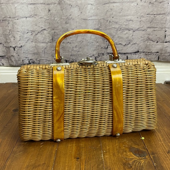 Bags | Vintage Wicker Woven Purse With Bakelite Or Lucite Details ...